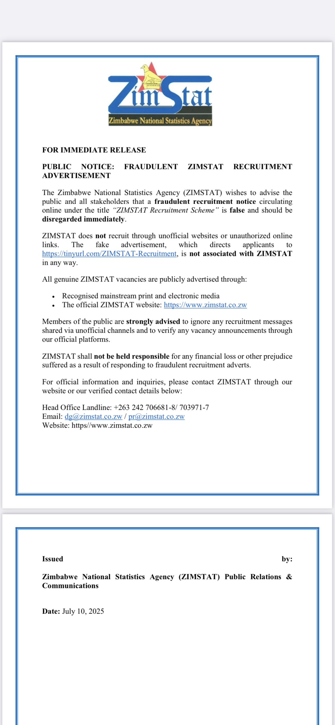 ZIMSTAT Issues Public Notice on Fraudulent ZIMSTAT Recruitment Advert ...