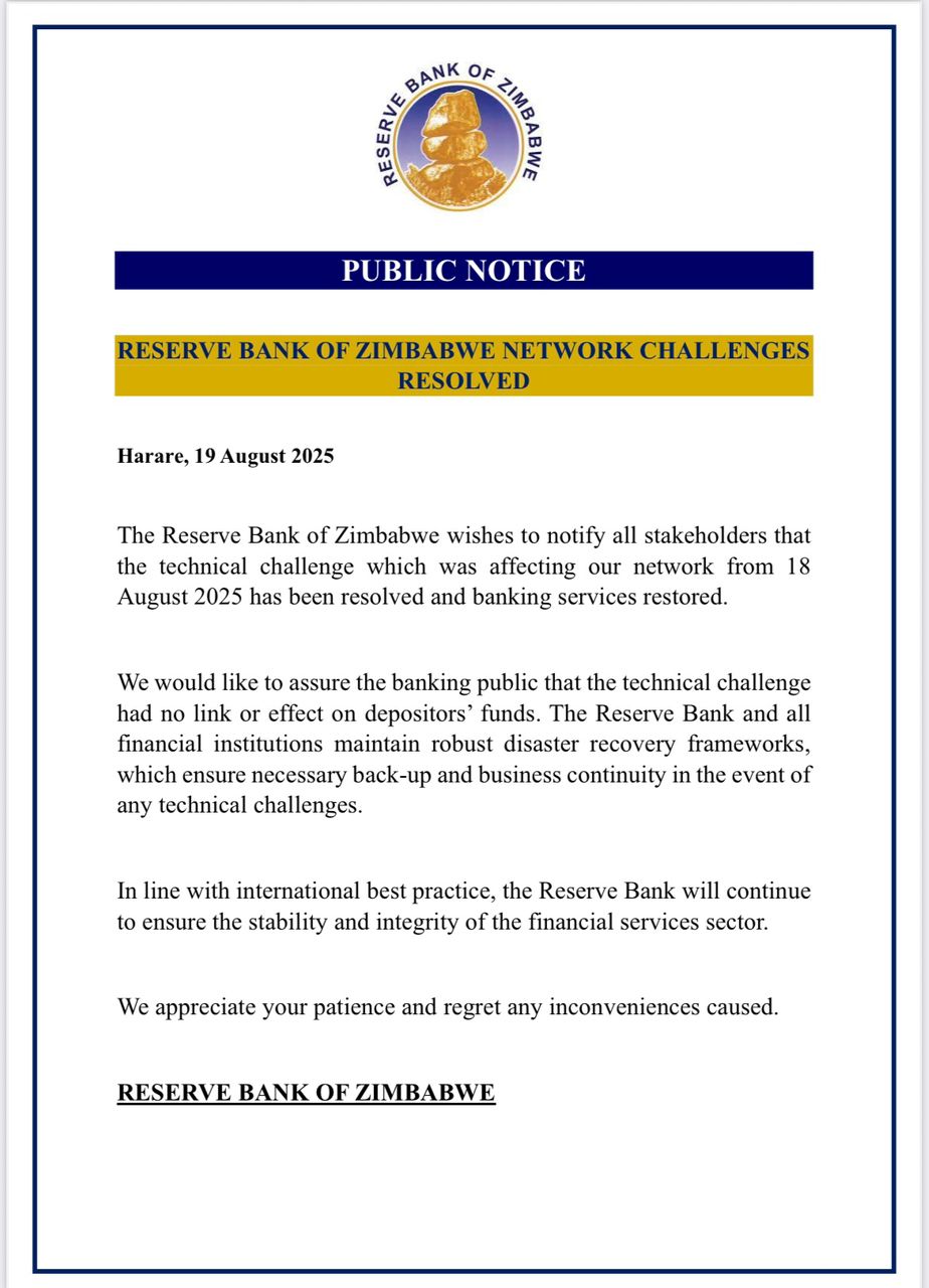 RBZ Restores Banking Services After Network Glitch - TechnoMag